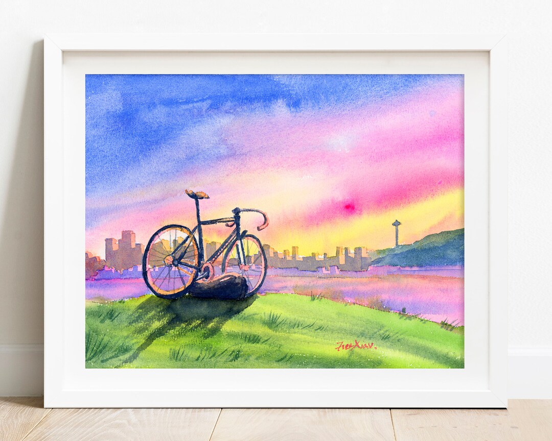 Seattle Art Print - Gas Work Park, Sunset Biking Art Print, Seattle ...
