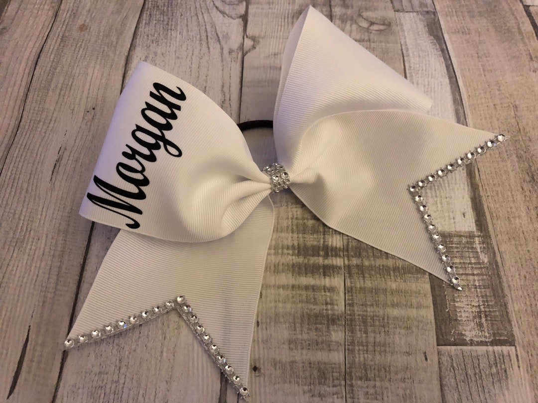 White Personalised Cheer Bow, Bow With Name, Cheerleader Gift, Bling ...