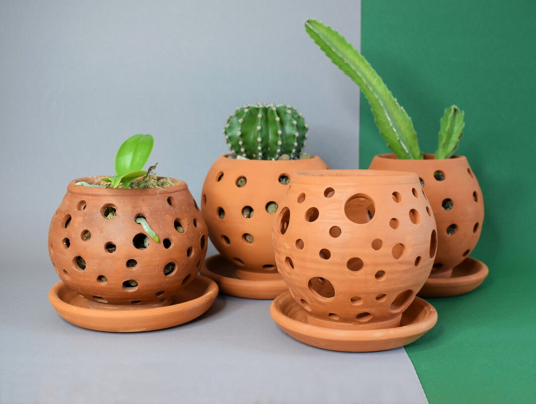 Terracotta Orchid Pot With Holes Rustic Clay Pot Handcrafted Spherical ...