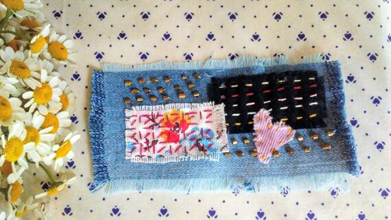 Beaded Boro Denim Patch Pink Heart and Red Stitches Slow | Etsy