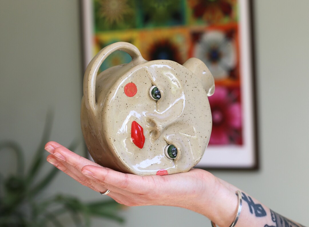 Handled Face Pitcher Vase Made From Speckled Stoneware, Hand-painted ...