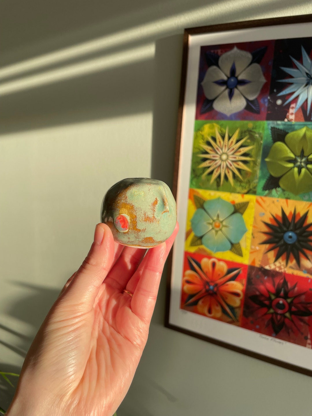 Mini Moon Face Paperweight, Teal, Sculpture, Stoneware Bookshelf Decor ...