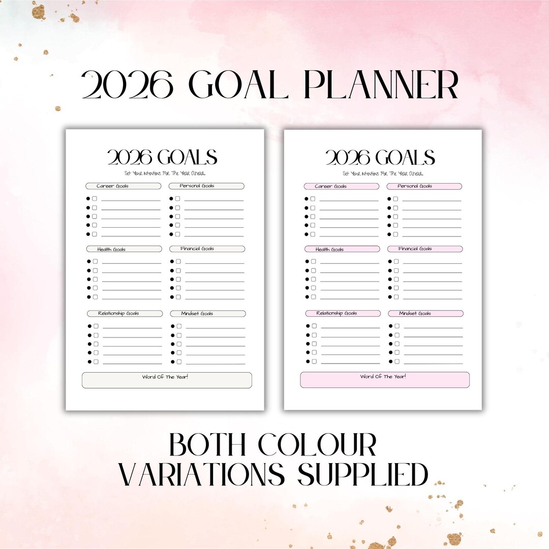 2026 Goals Planner Printable | Yearly Goal Setting Worksheet | Pink ...