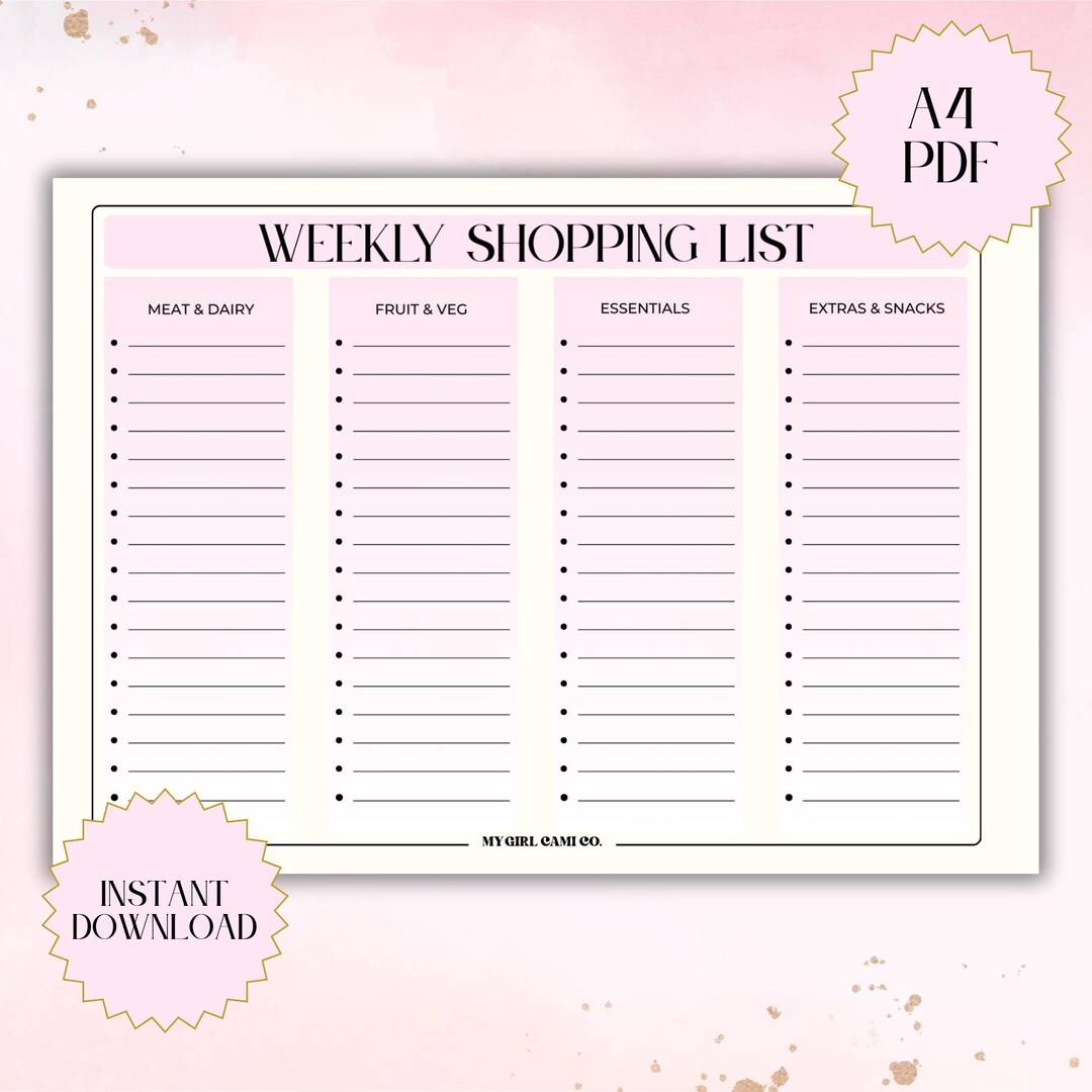 Weekly Shopping List Printable – Pink Grocery Planner A4 - Etsy Australia