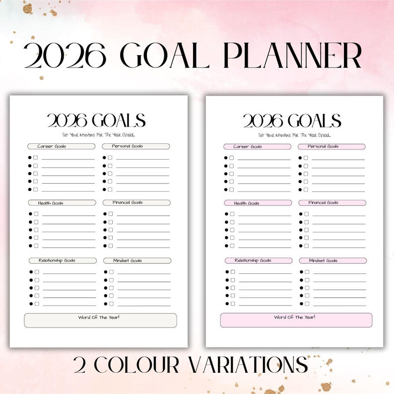 2026 Goals Planner Printable | Yearly Goal Setting Worksheet | Pink ...
