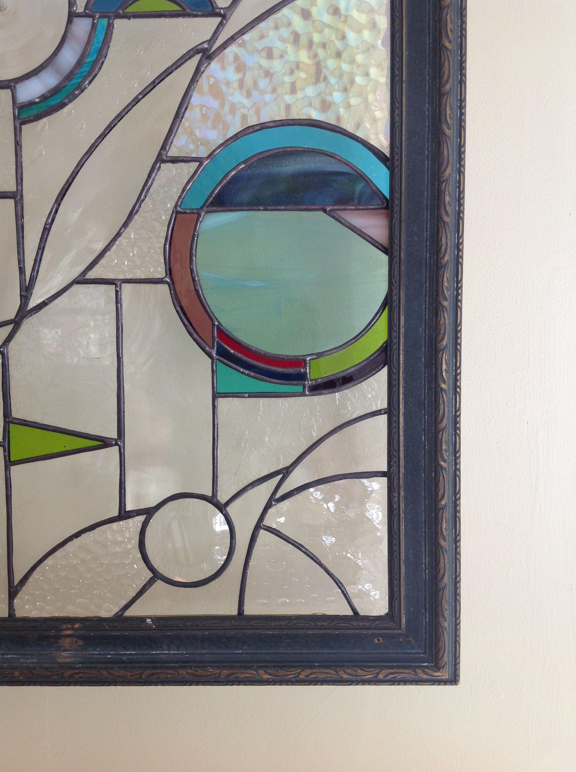 Geometric Stained Glass Panel With Antique Wooden Frame - Etsy