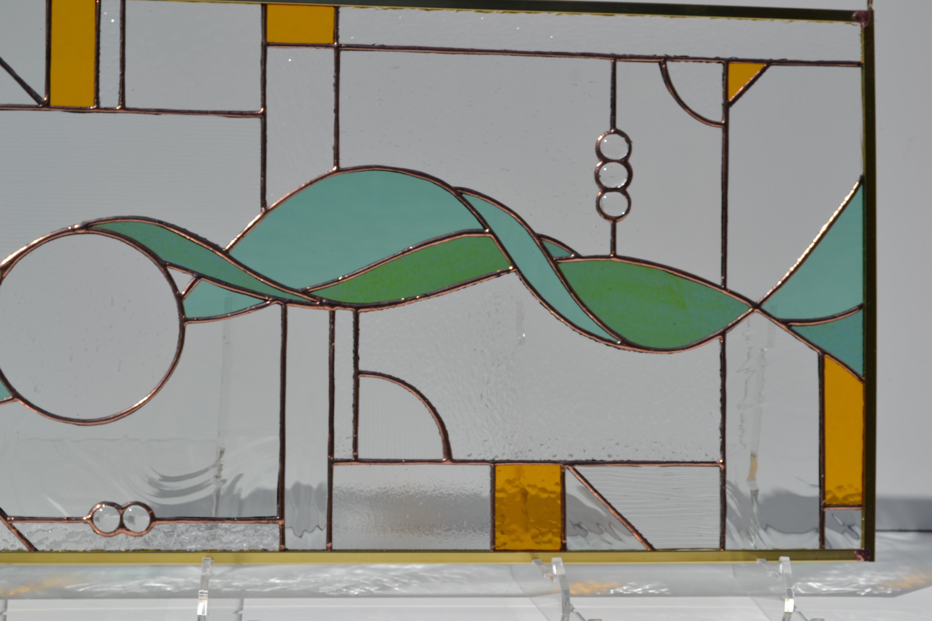 Geometric Wave Stained Glass in Clear Textured Glass, Blue-greens ...