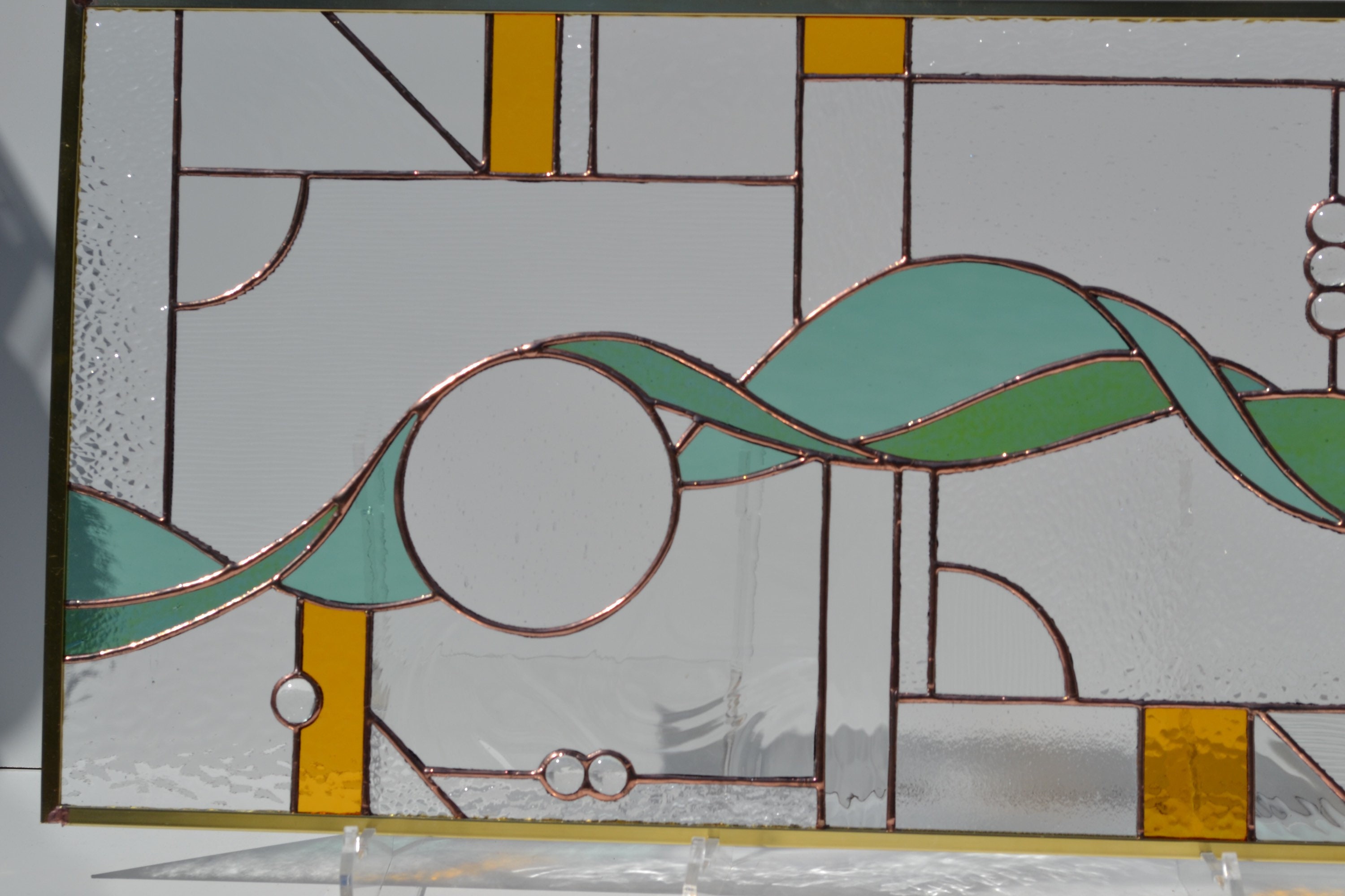 Geometric Wave Stained Glass in Clear Textured Glass, Blue-greens ...