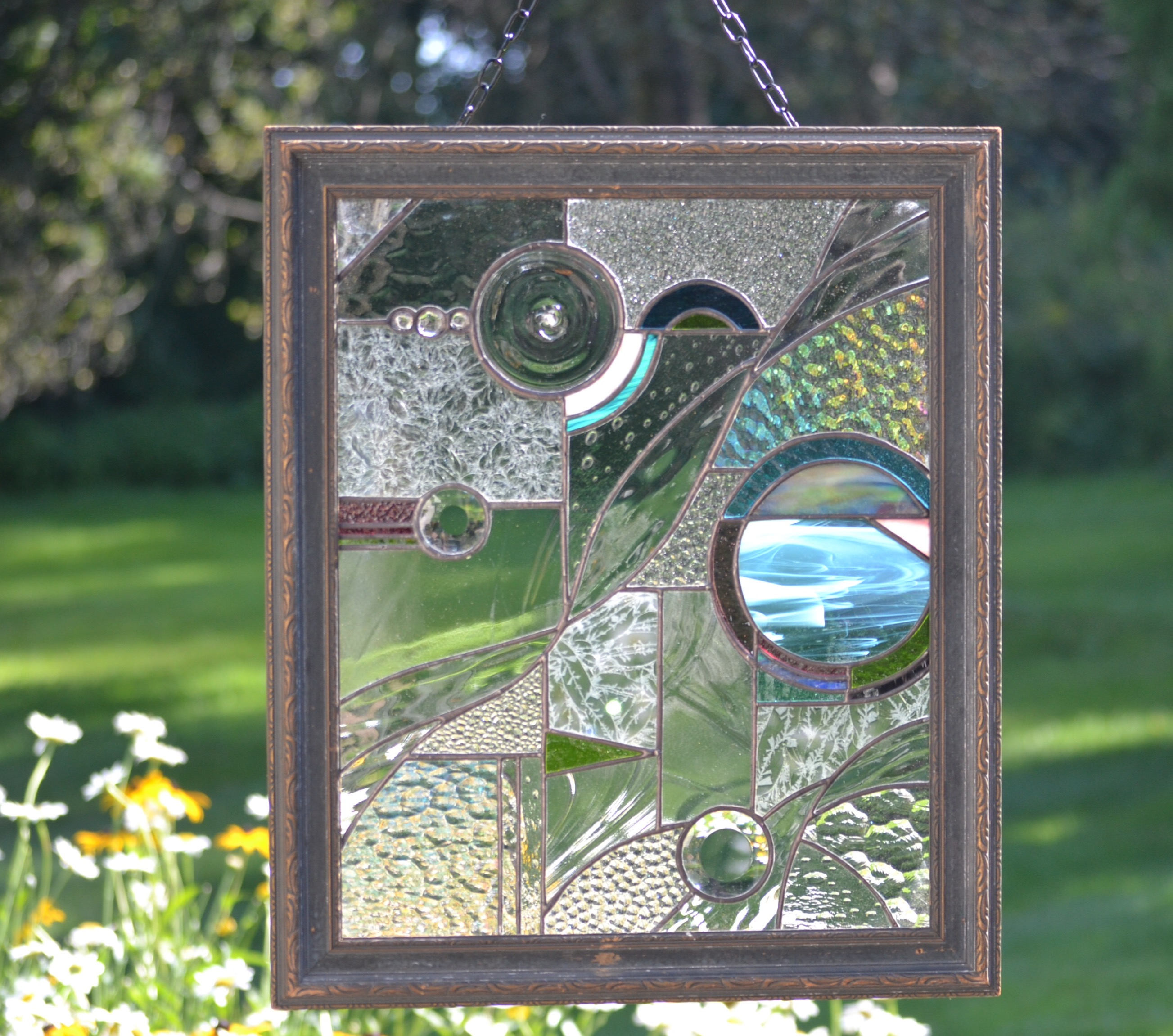 Geometric Stained Glass Panel With Antique Wooden Frame - Etsy