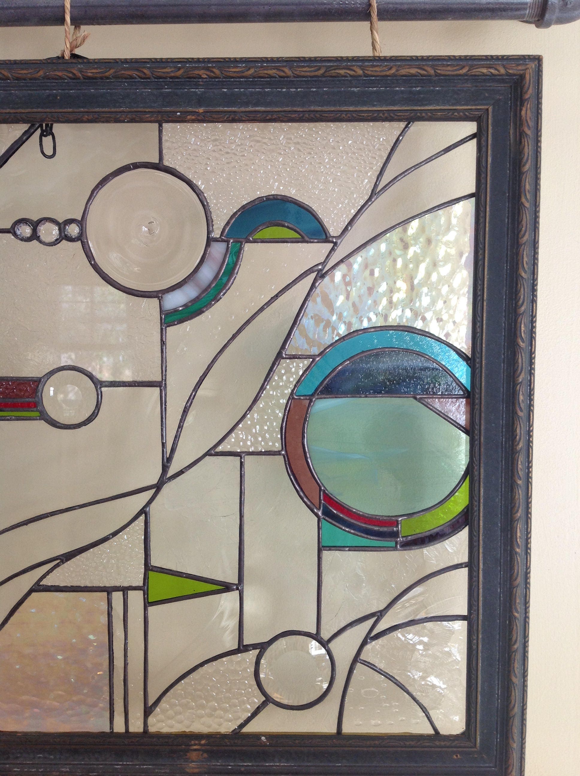 Geometric Stained Glass Panel With Antique Wooden Frame - Etsy