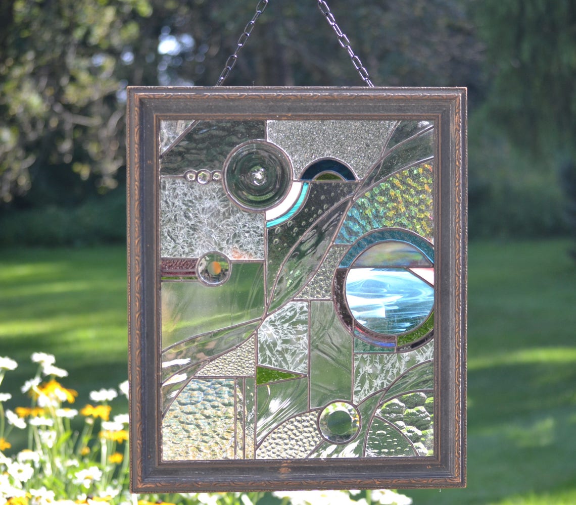 Geometric Stained Glass Panel With Antique Wooden Frame - Etsy