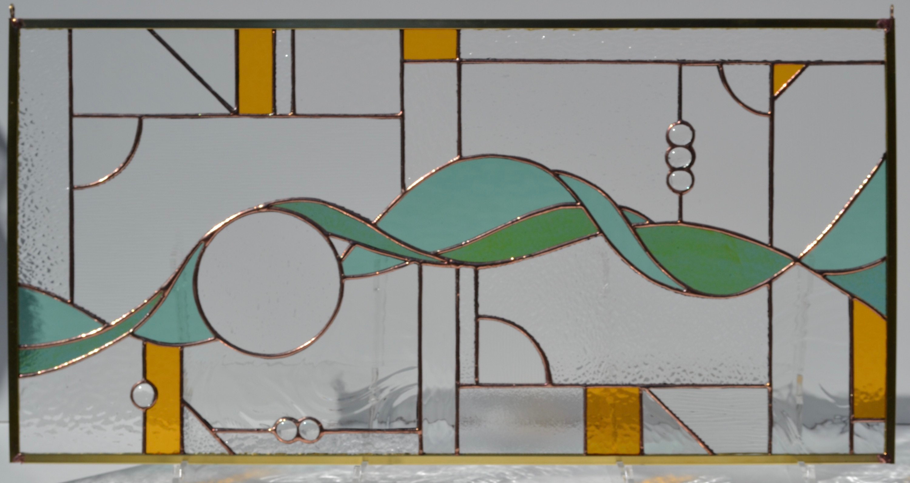 Geometric Wave Stained Glass in Clear Textured Glass, Blue-greens ...