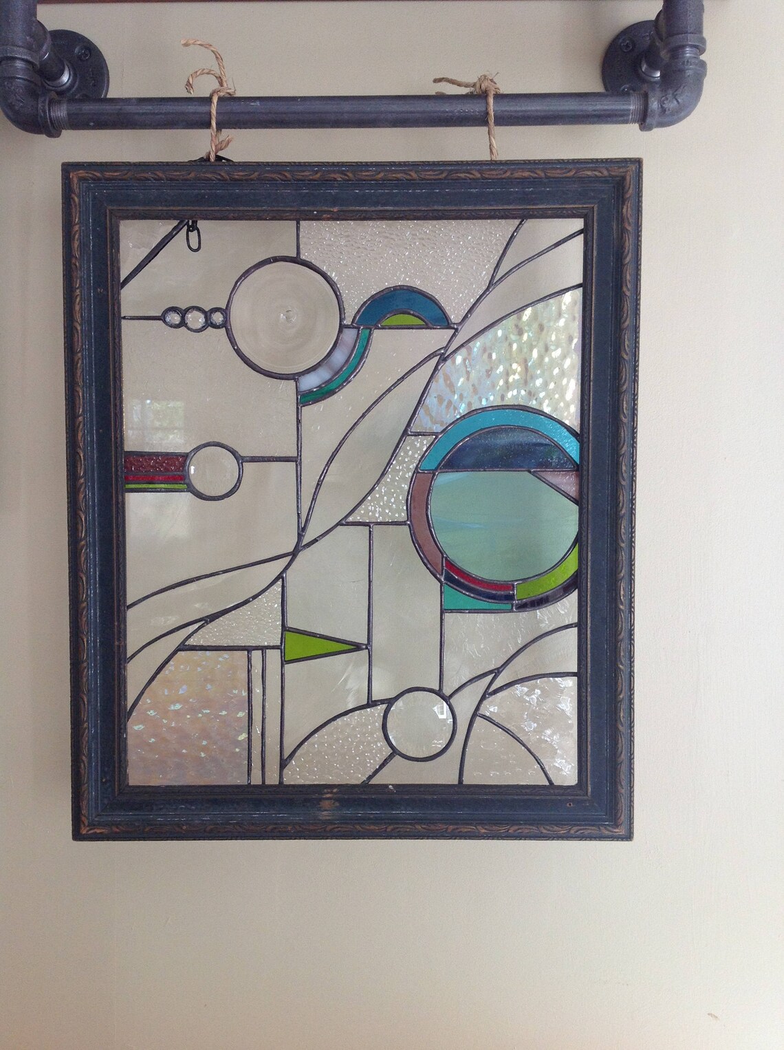 Geometric Stained Glass Panel With Antique Wooden Frame - Etsy