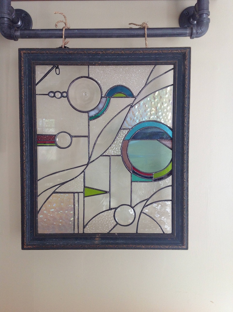 Geometric Stained Glass Panel With Antique Wooden Frame - Etsy