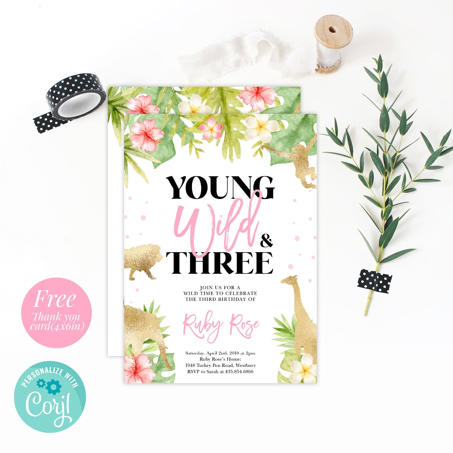 Editable Young Wild and Three Invitation Safari Birthday Party | Etsy