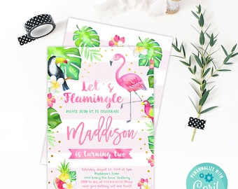 Tropical Birthday Invitation Pineapple and Flamingo - Etsy