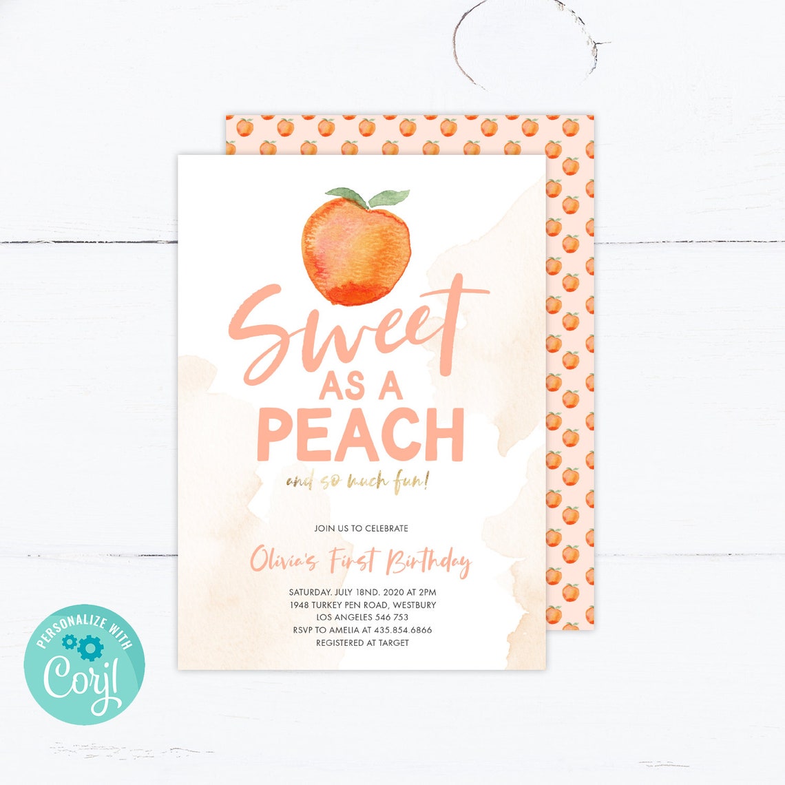 Peach Birthday Invitation Sweet as a Peach Invite Peach 1st | Etsy
