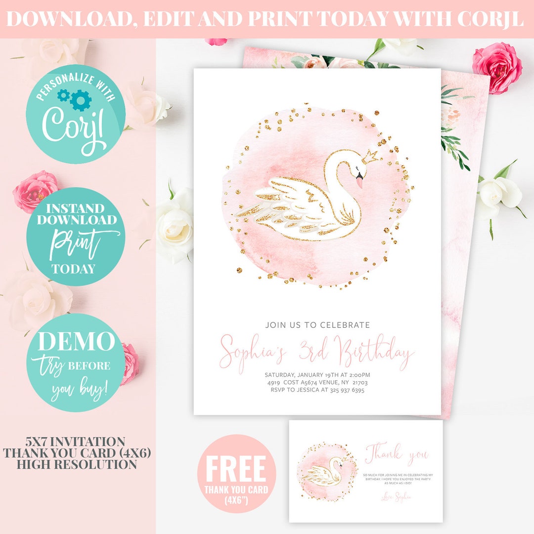 Swan Birthday Invitation, Swan Invitation, Swan Princess Invitation ...