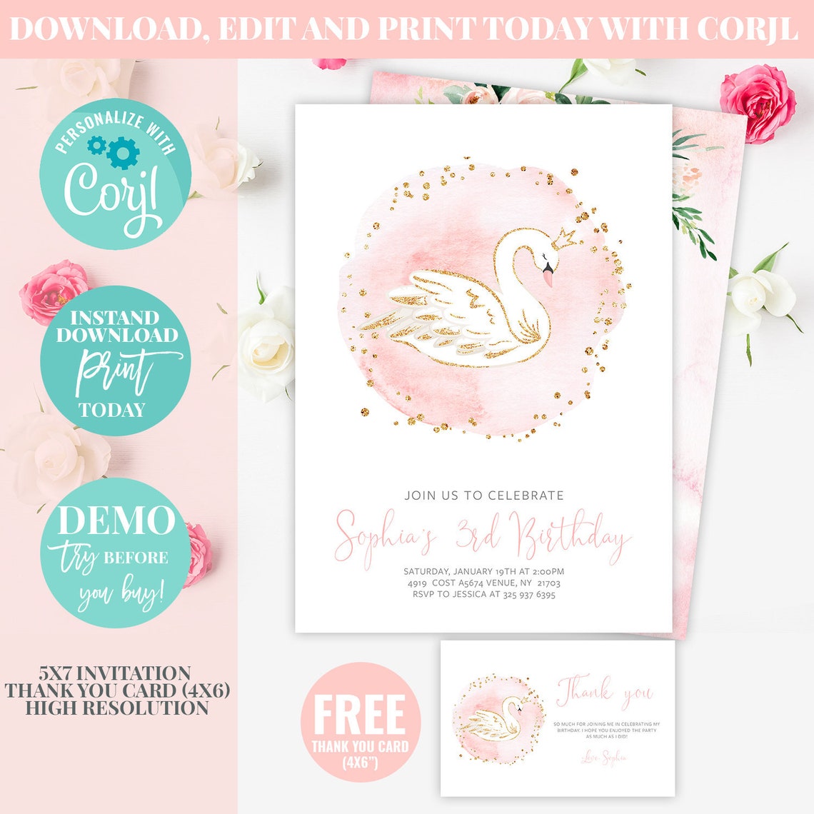 Swan Birthday Invitation Swan Invitation Swan Princess | Etsy