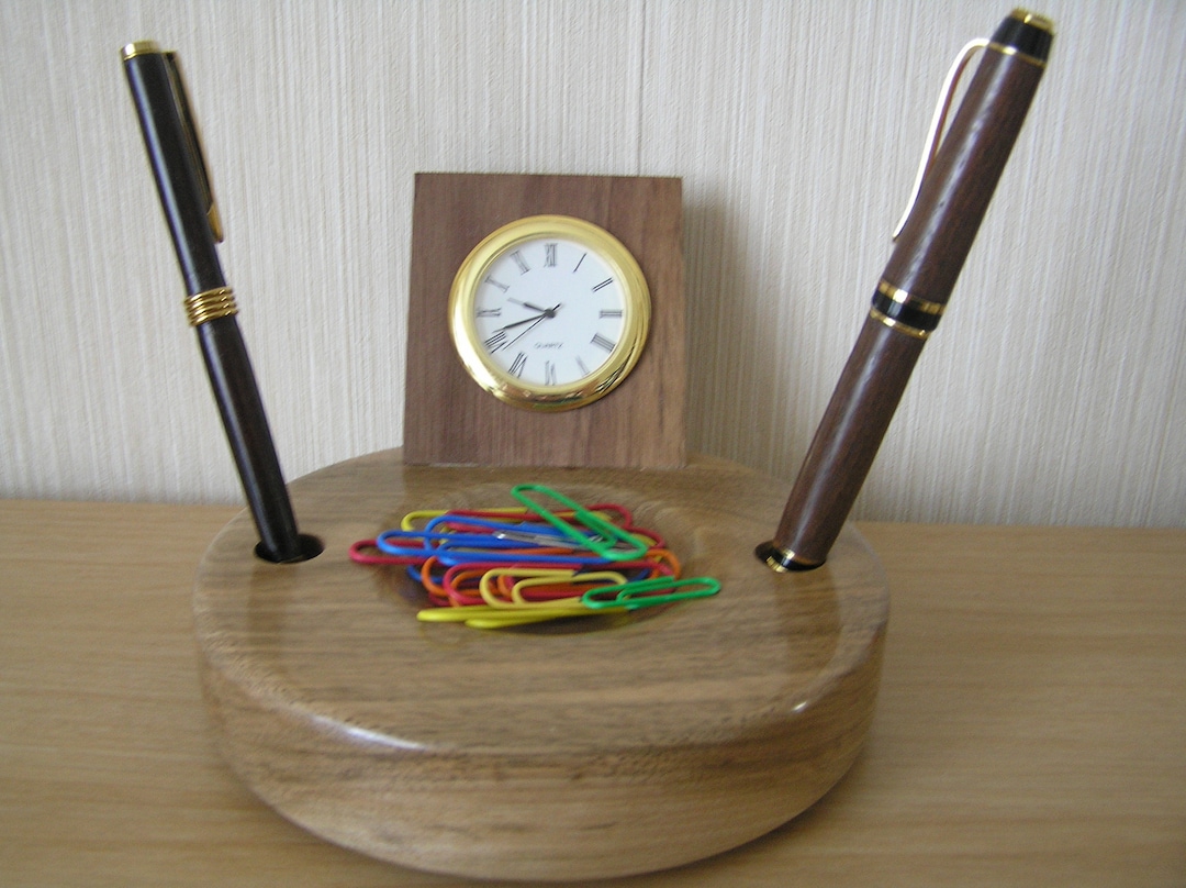Desktop Tidy and Clock in Walnut - Etsy