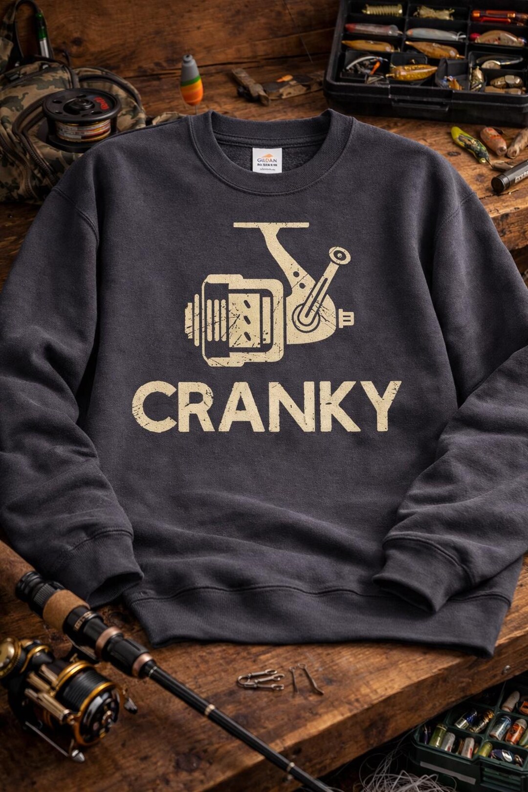 Cranky Fishing Sweatshirt, Spinning Reel Graphic Crewneck, Angler Gift ...