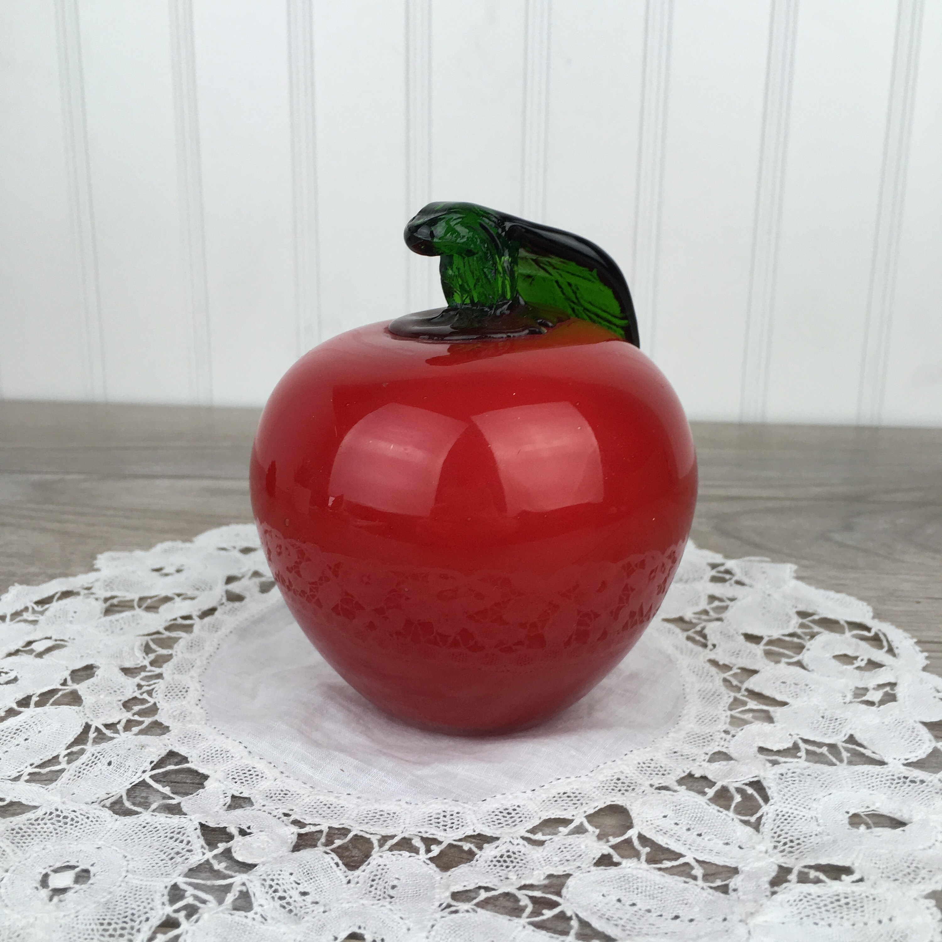 Vintage Red Glass Apple Paperweight Green Stem Teacher's | Etsy