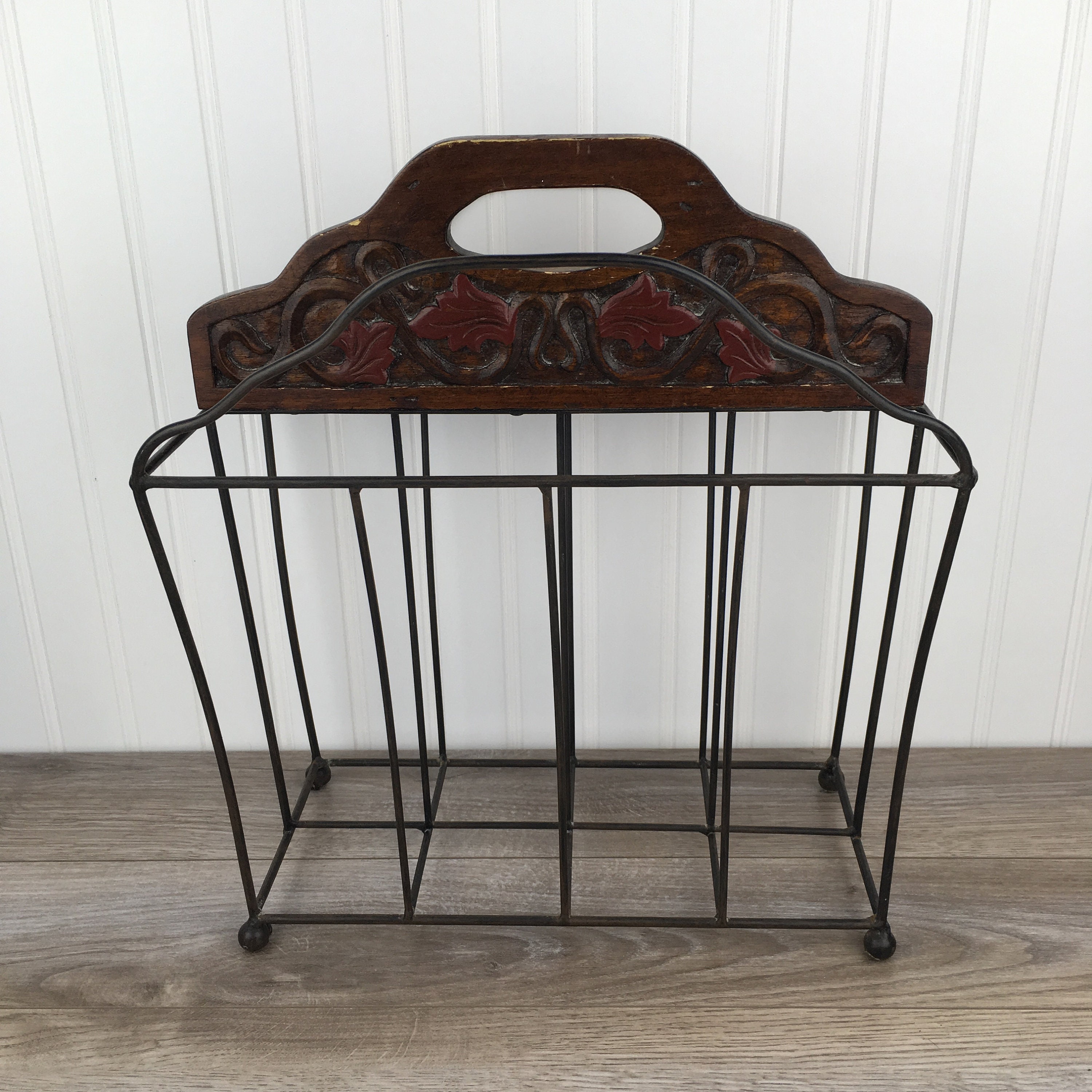 Vintage Magazine Rack Metal with Carved Wood Handle Shabby | Etsy