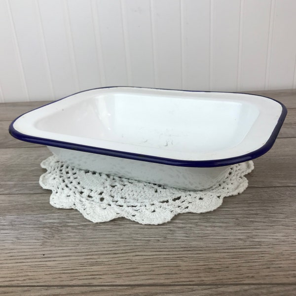 Vintage White Enamel Rectangle Bowl - Etsy