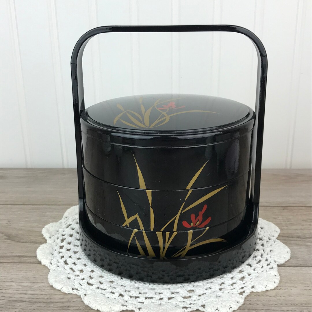 Vintage Japanese Black Lacquer Plastic Stackable Containers Gold Red ...