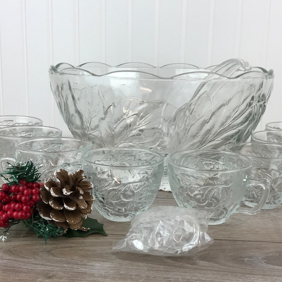 Vintage Punch Bowl Set, 8 Cups, Hooks & Ladle, Embossed Grape Vine ...