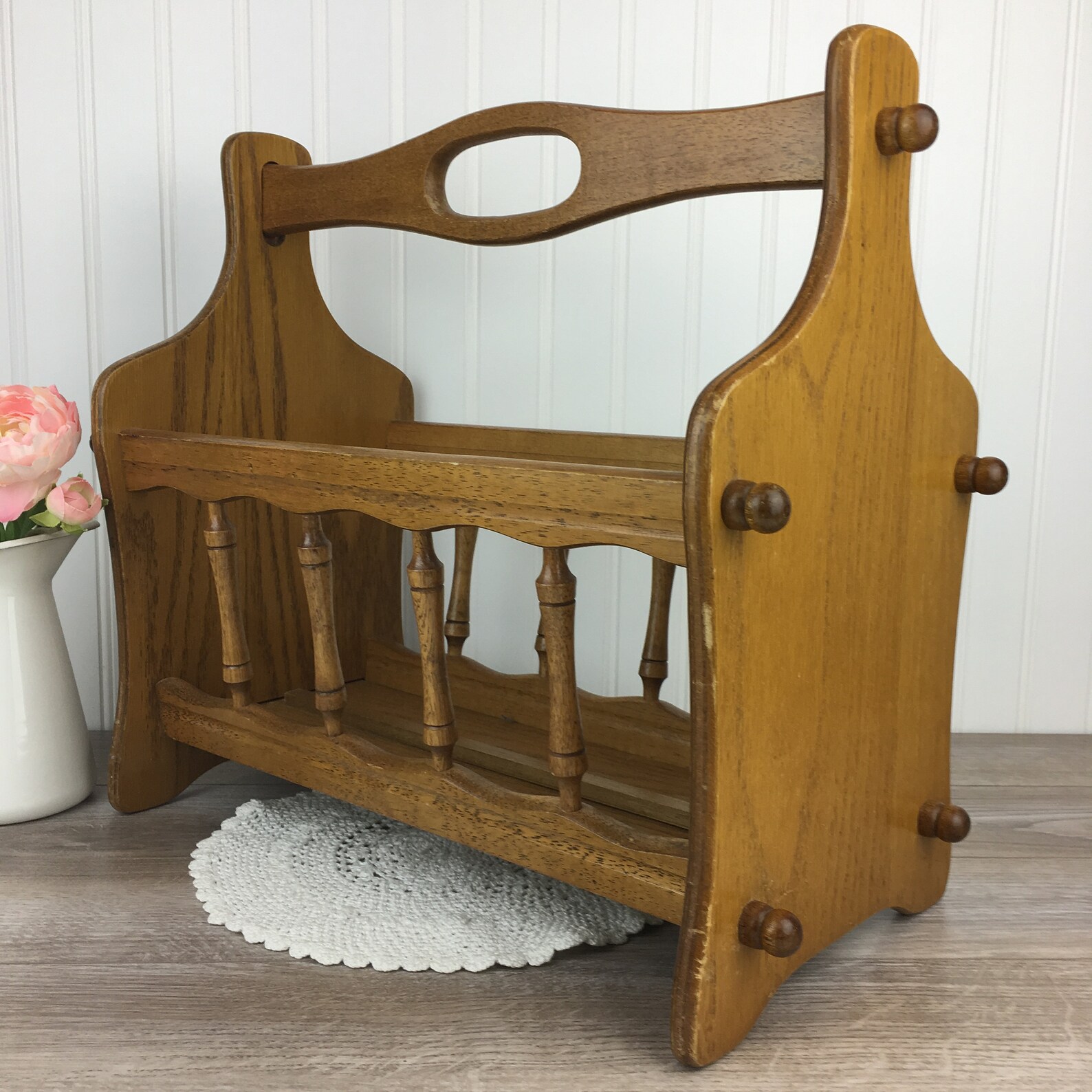 Vintage Wooden Magazine Rack, Newspaper Holder, Brown Stained Wood ...