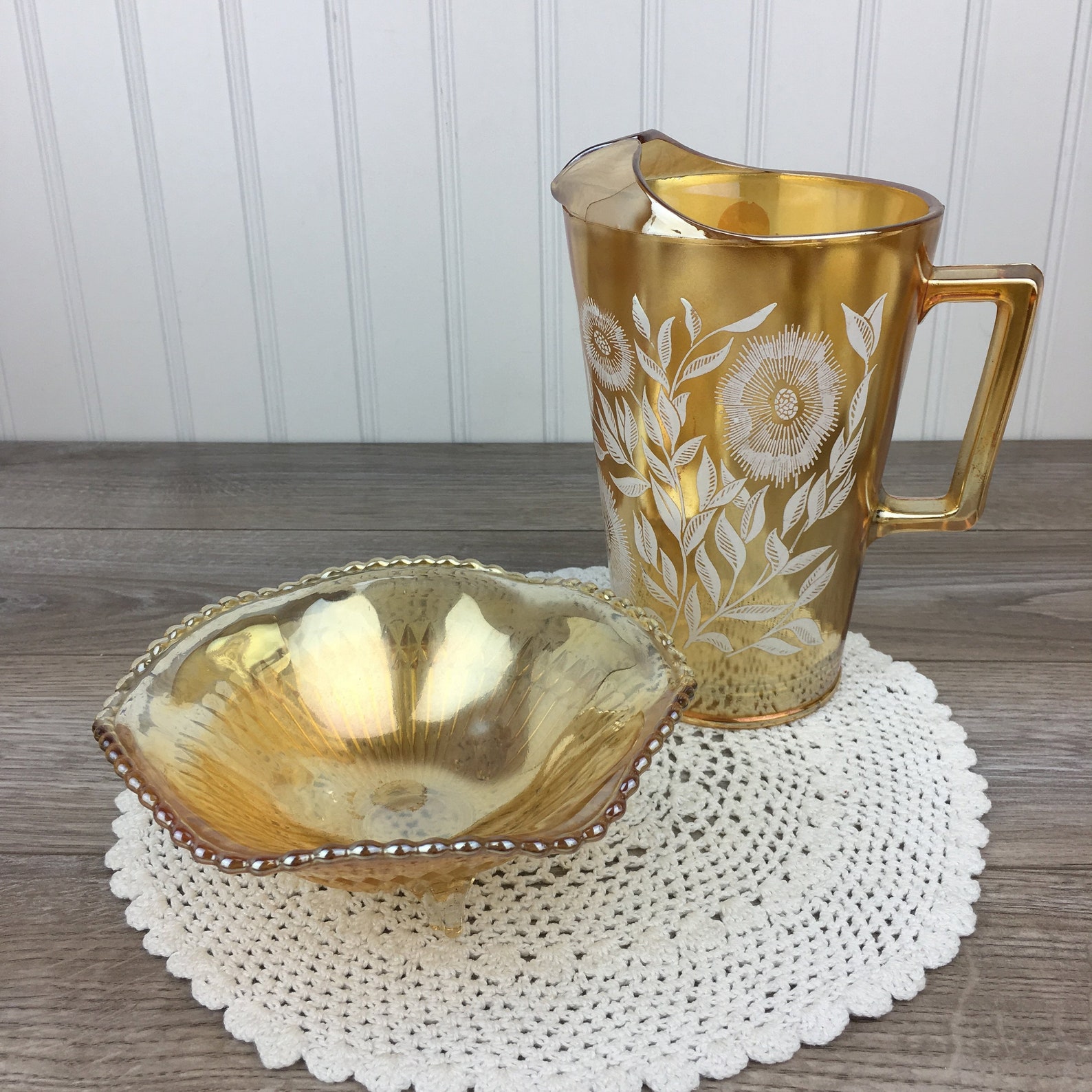 Vintage Peach Carnival Glass Pitcher & Footed Candy Dish, Jeannette ...