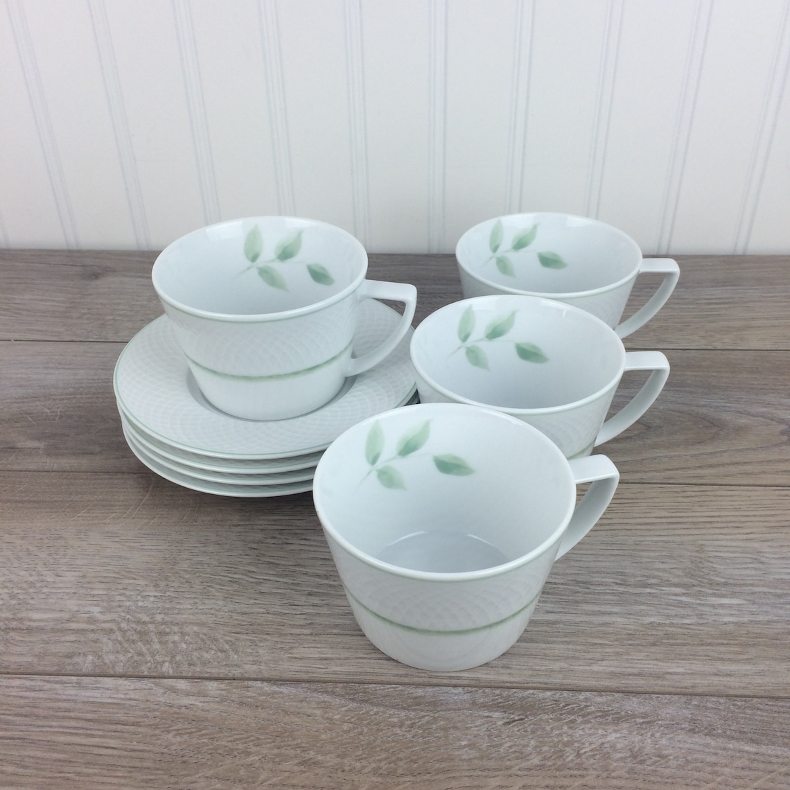 Vintage White Ceramic With Mint Green Leaf Tea Cups Set 4 Tea - Etsy