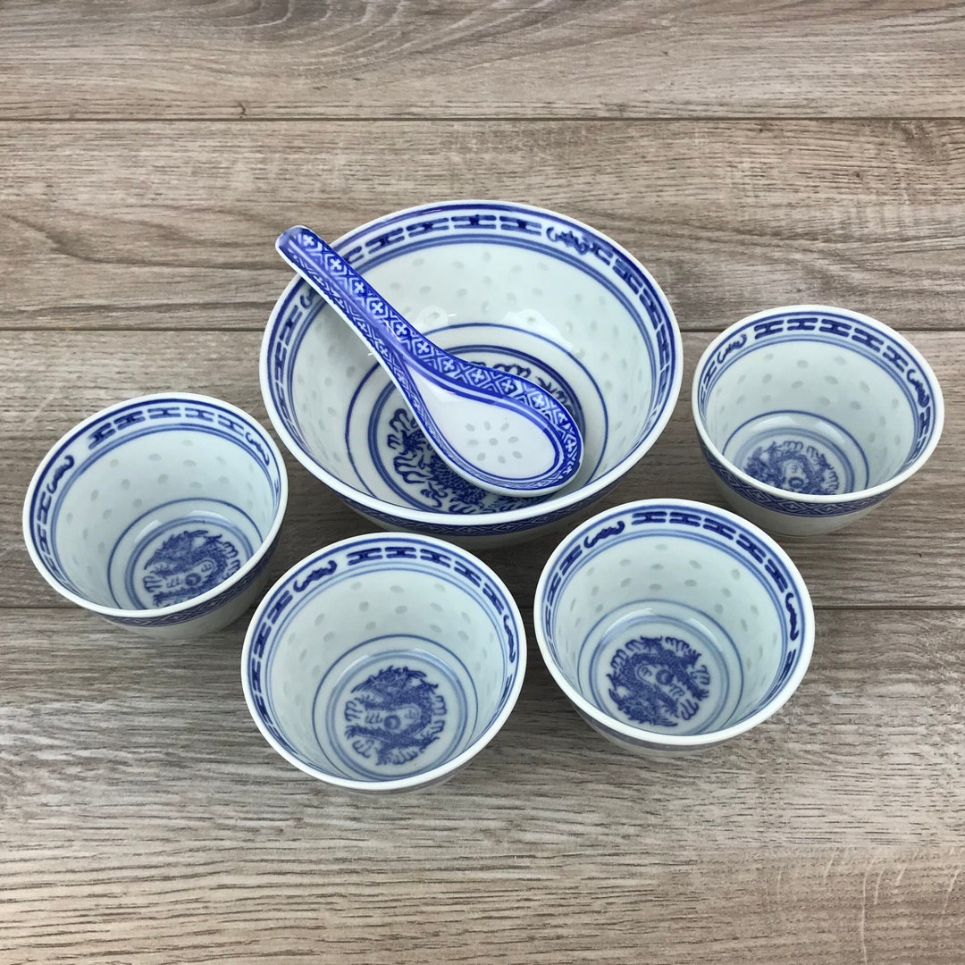 Vintage White & Blue Chinese Rice Pattern Tea Cups, Set of 4 Cups With ...