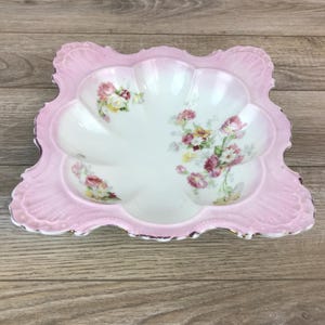 Vintage Square Shape Pink Porcelain Bowl, Pink Shell Rim, Floral ...