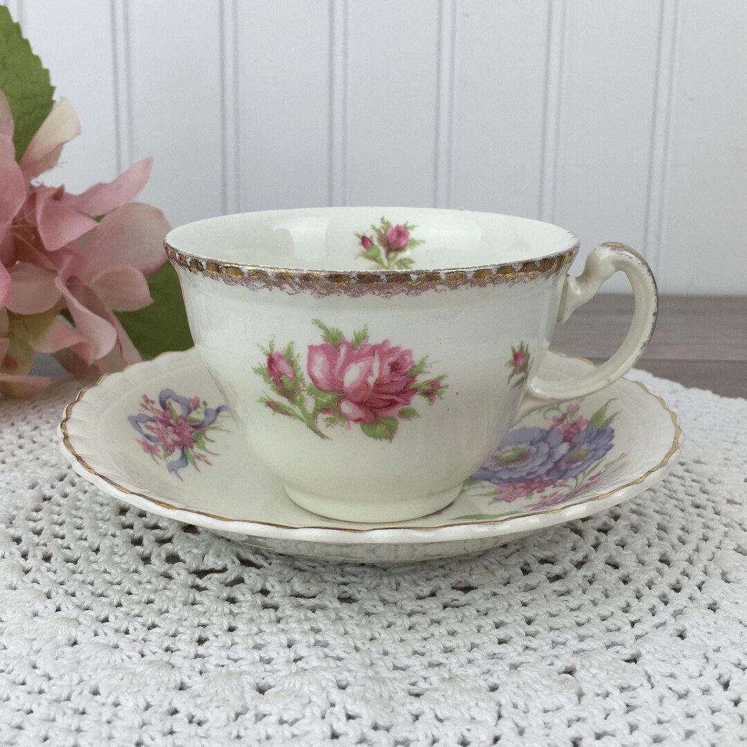 Vintage Mismatched Tea Cup and Saucer Set, Pink Rose & Purple Floral ...