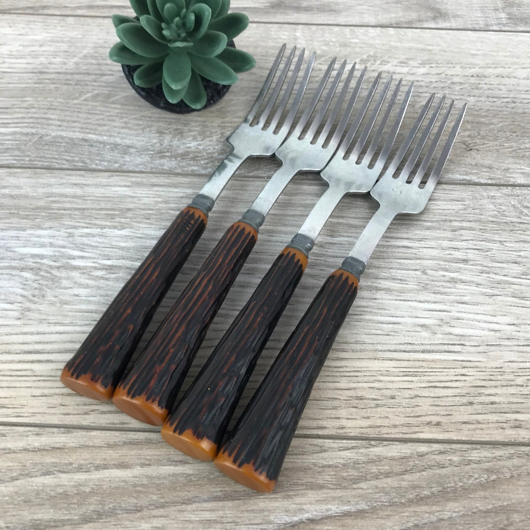 Vintage Retro BC Stainless Forks With Faux Horn Plastic Handles, Mid-century Flatware, Glo-hill ...