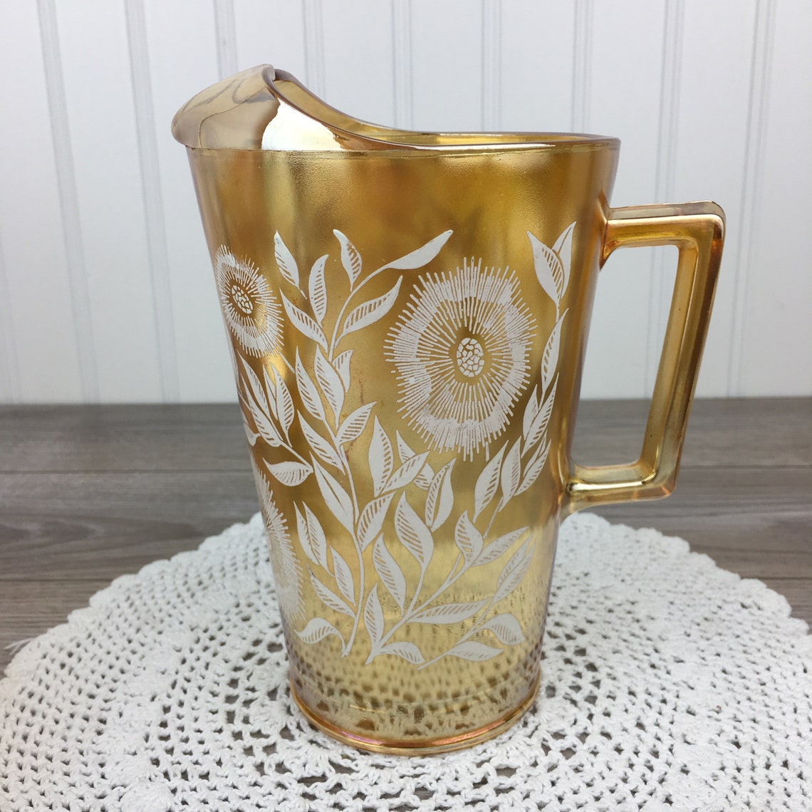 Vintage Peach Carnival Glass Pitcher & Footed Candy Dish, Jeannette ...