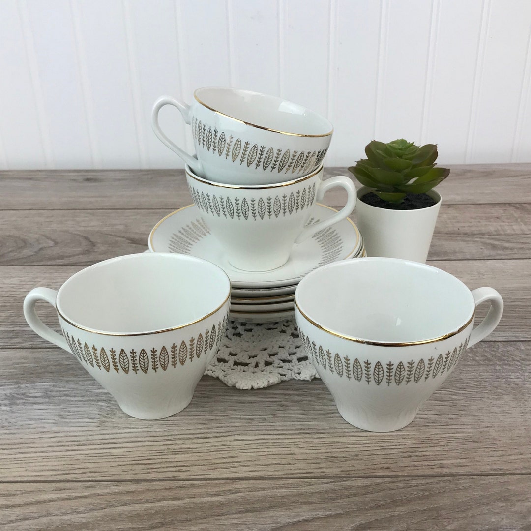 Vintage Staffordshire Royal Knight Tea Cups & Saucers, 4 Sets, White ...