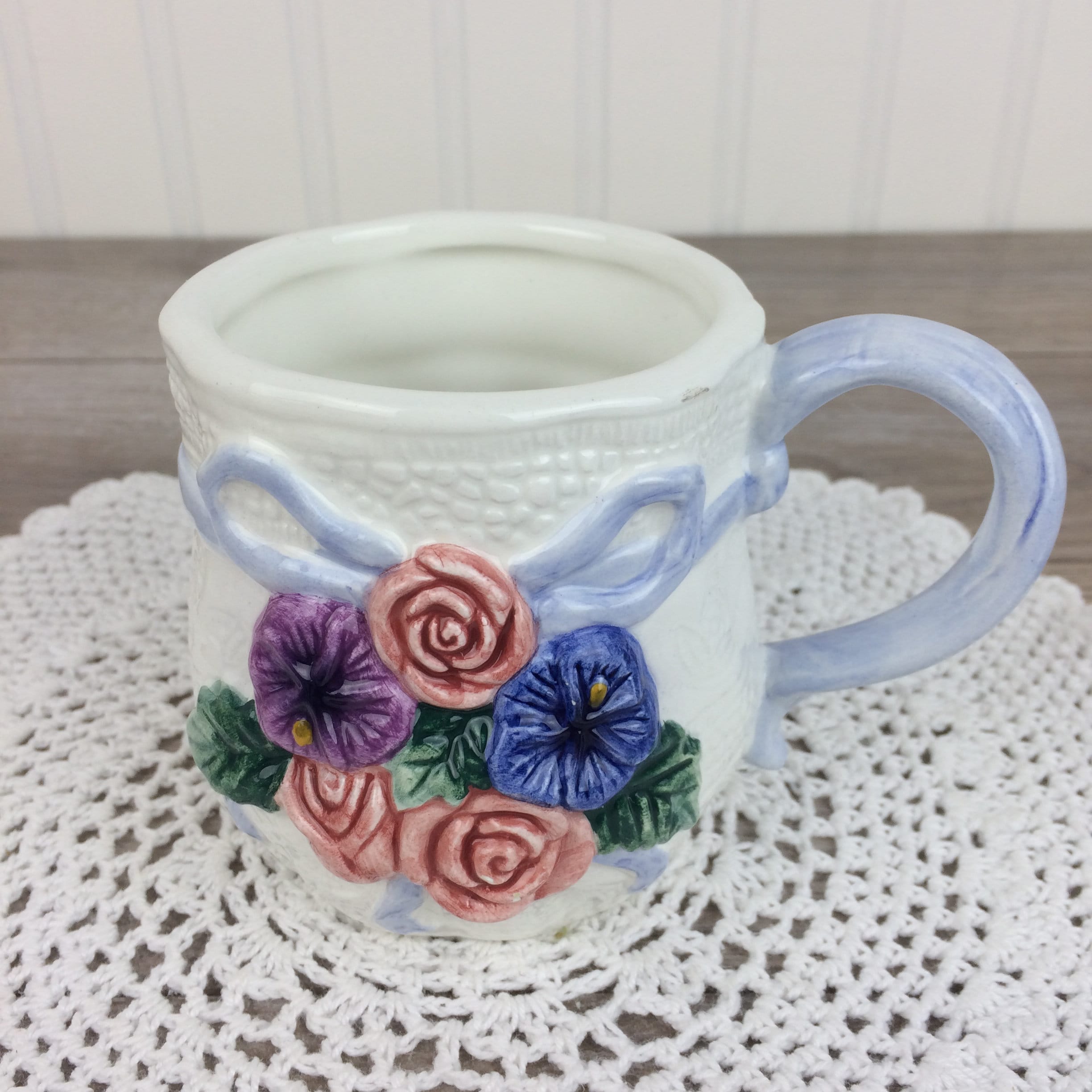 Vintage White Ceramic Mug W/ Shabby Chic Roses Blue Bow / Tea - Etsy