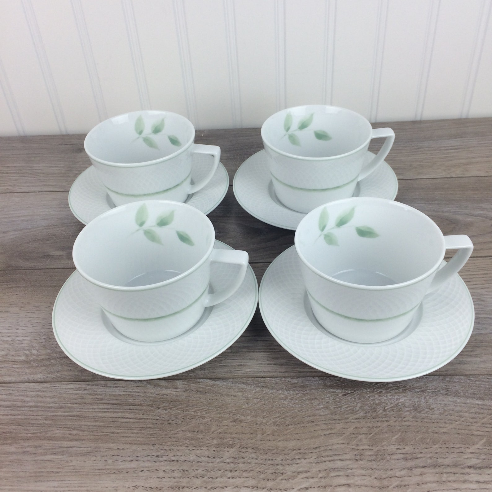 Vintage White Ceramic With Mint Green Leaf Tea Cups Set 4 Tea - Etsy