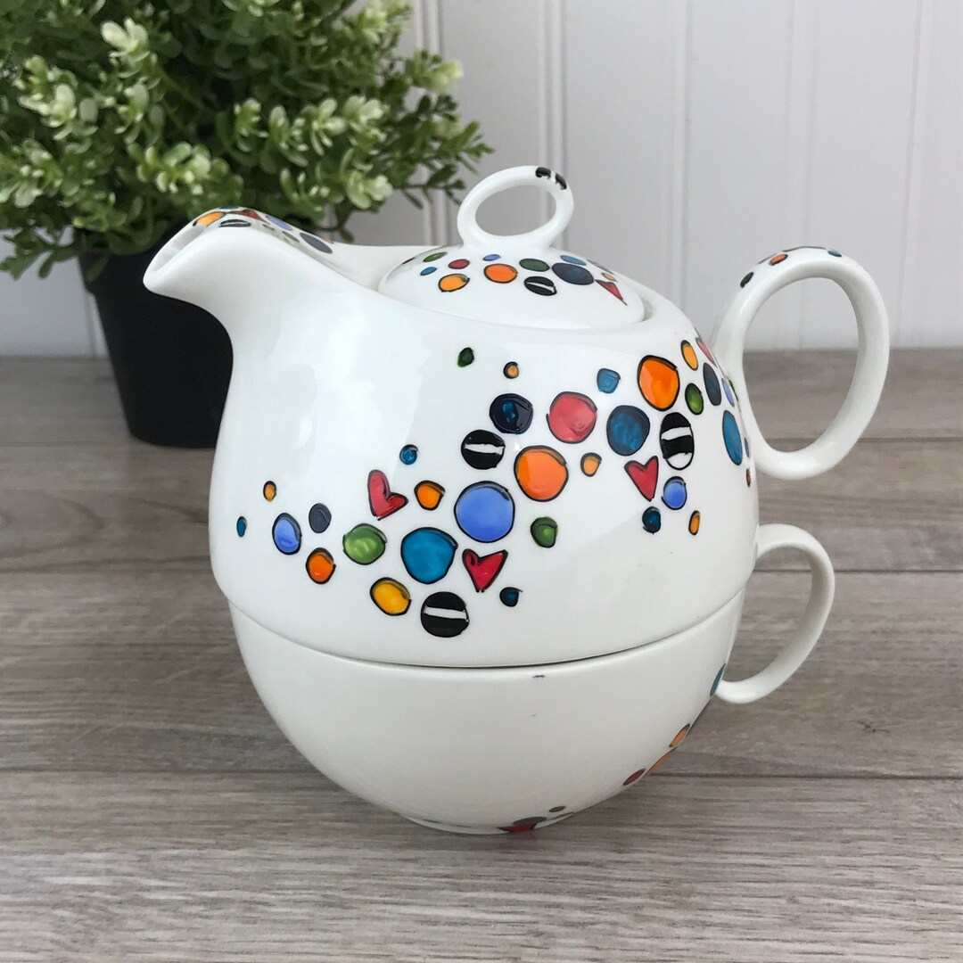Vintage 90s Pop Art Teapot for One, Single Serve Ceramic Tea Pot & Cup ...