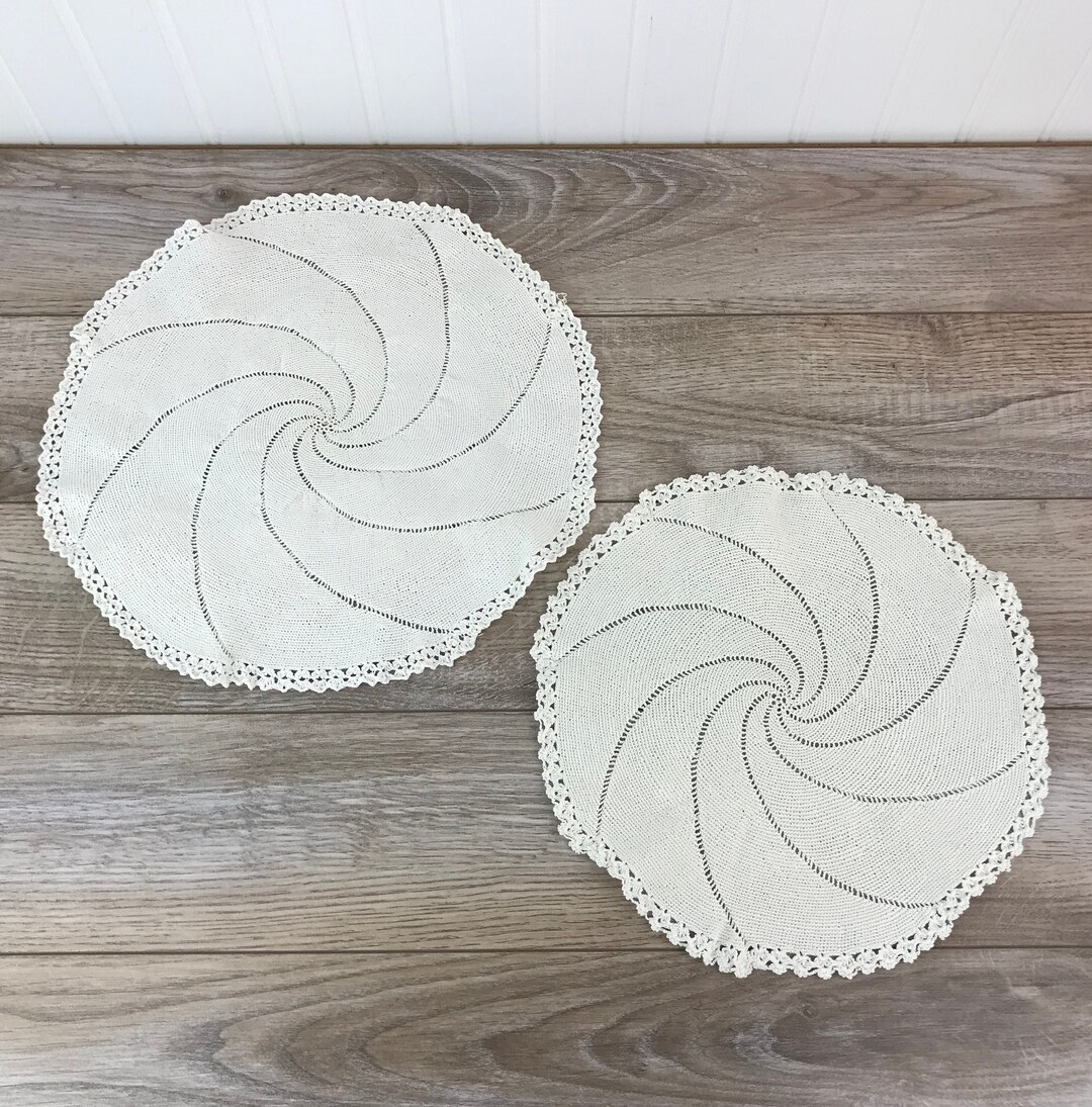 Vintage White Cotton Crochet Doilies, Set of 2 Round Doilies W/ Swirl ...