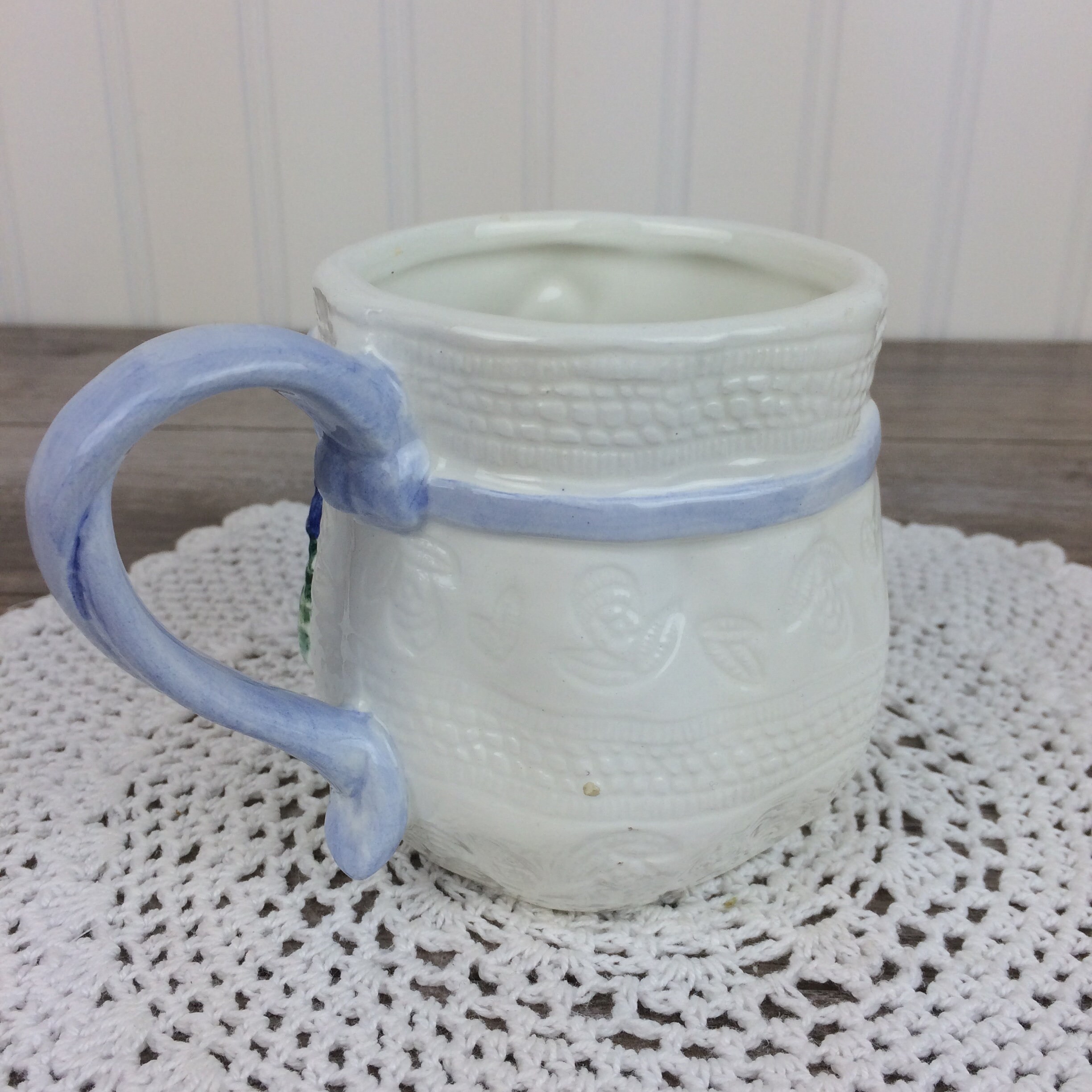 Vintage White Ceramic Mug W/ Shabby Chic Roses Blue Bow / Tea - Etsy