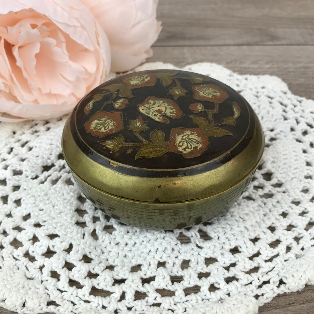 Vintage Solid Brass Round Trinket Box W/ Floral Pattern, Made in India ...