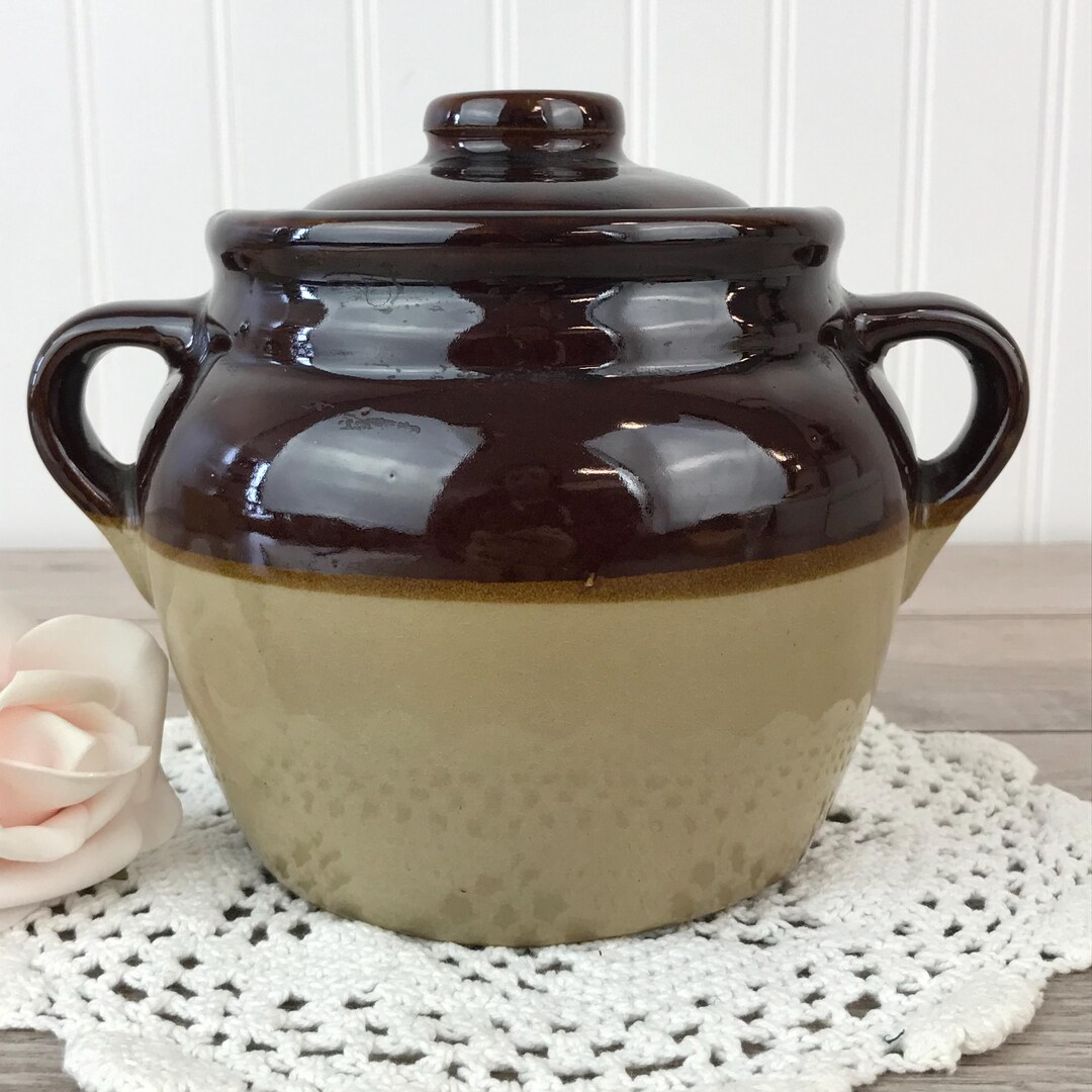 Vintage Stoneware Bean Pot, Small Size, Glazed Pottery, 2 Handles ...