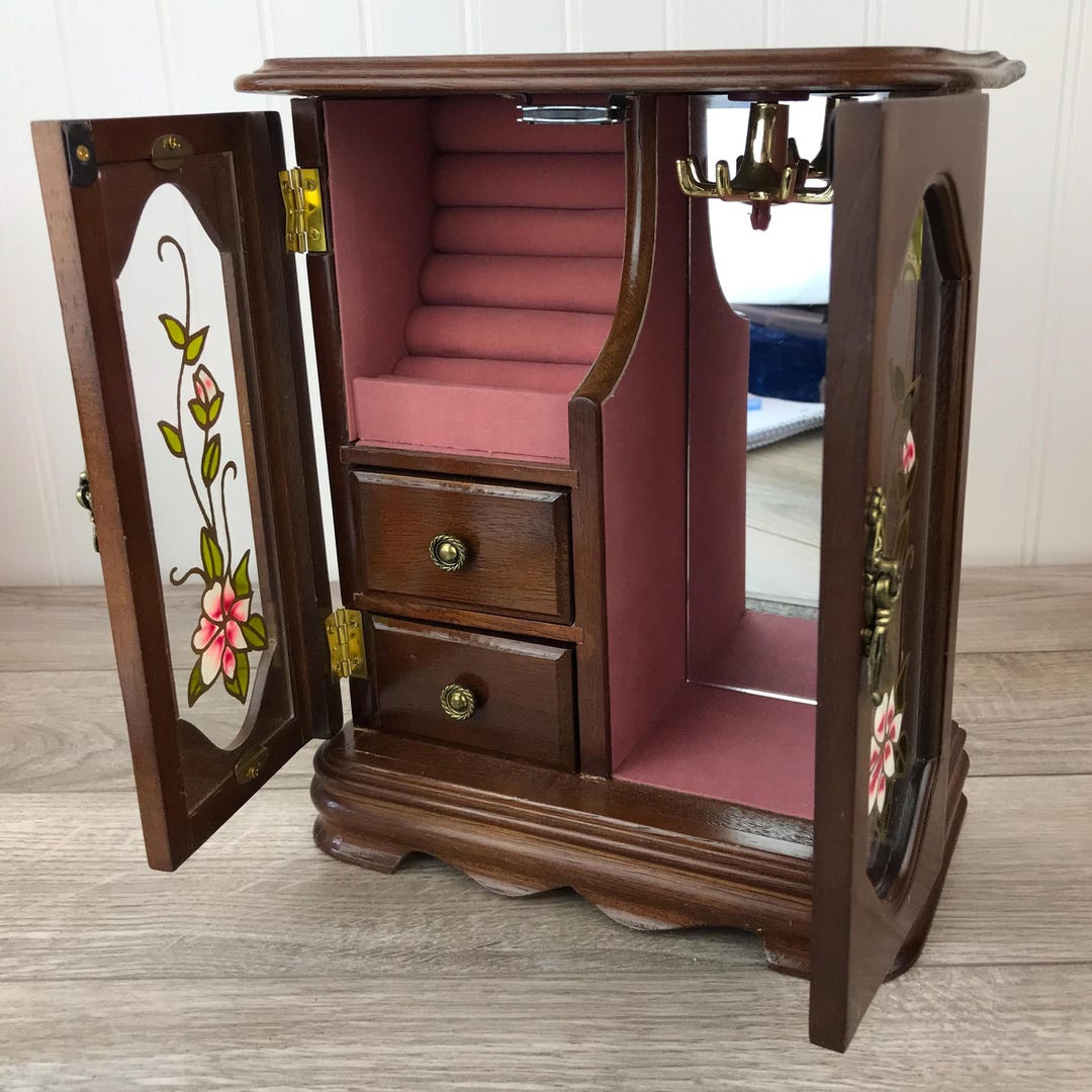 Vintage MELE Wooden Jewelry Box With Painted Glass Doors, Drawers, Pink ...