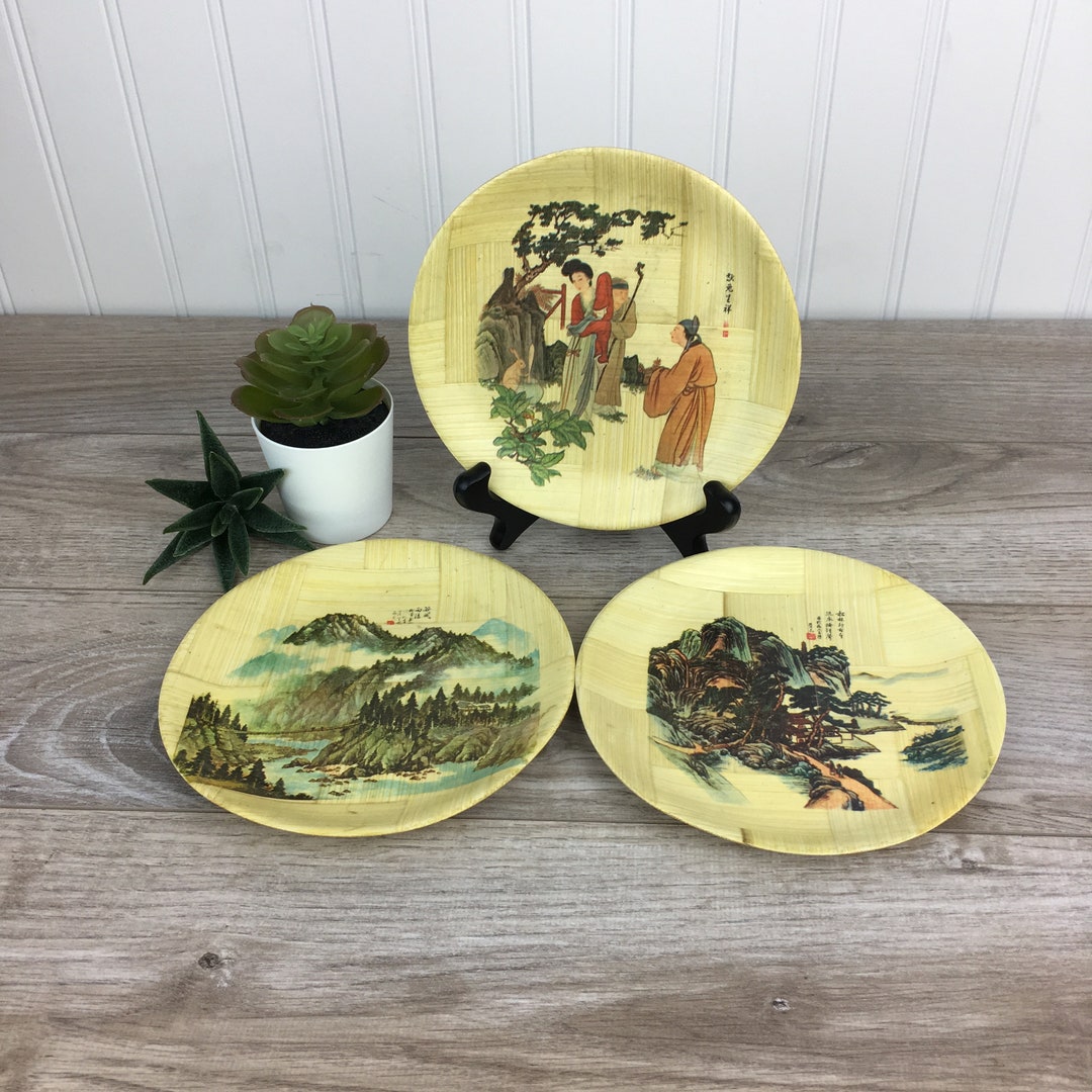 Vintage Chinese Bamboo Plates, Set of 3 Woven Wood 6'' Plates ...