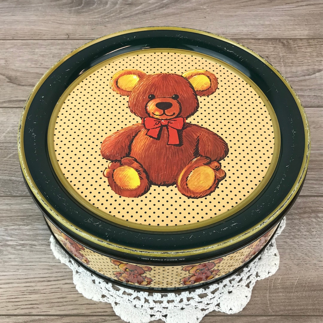 Vintage 1985 Parco Foods Teddy Bear Cookie Tin, Green Polka Dot, Round ...