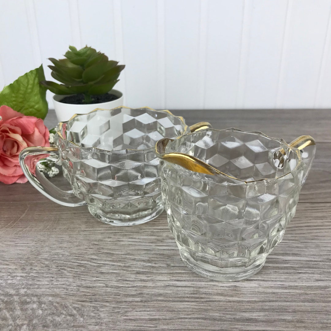 Vintage Jeanette Glass Co. Cubist Pattern Clear Glass With Gold Trim ...